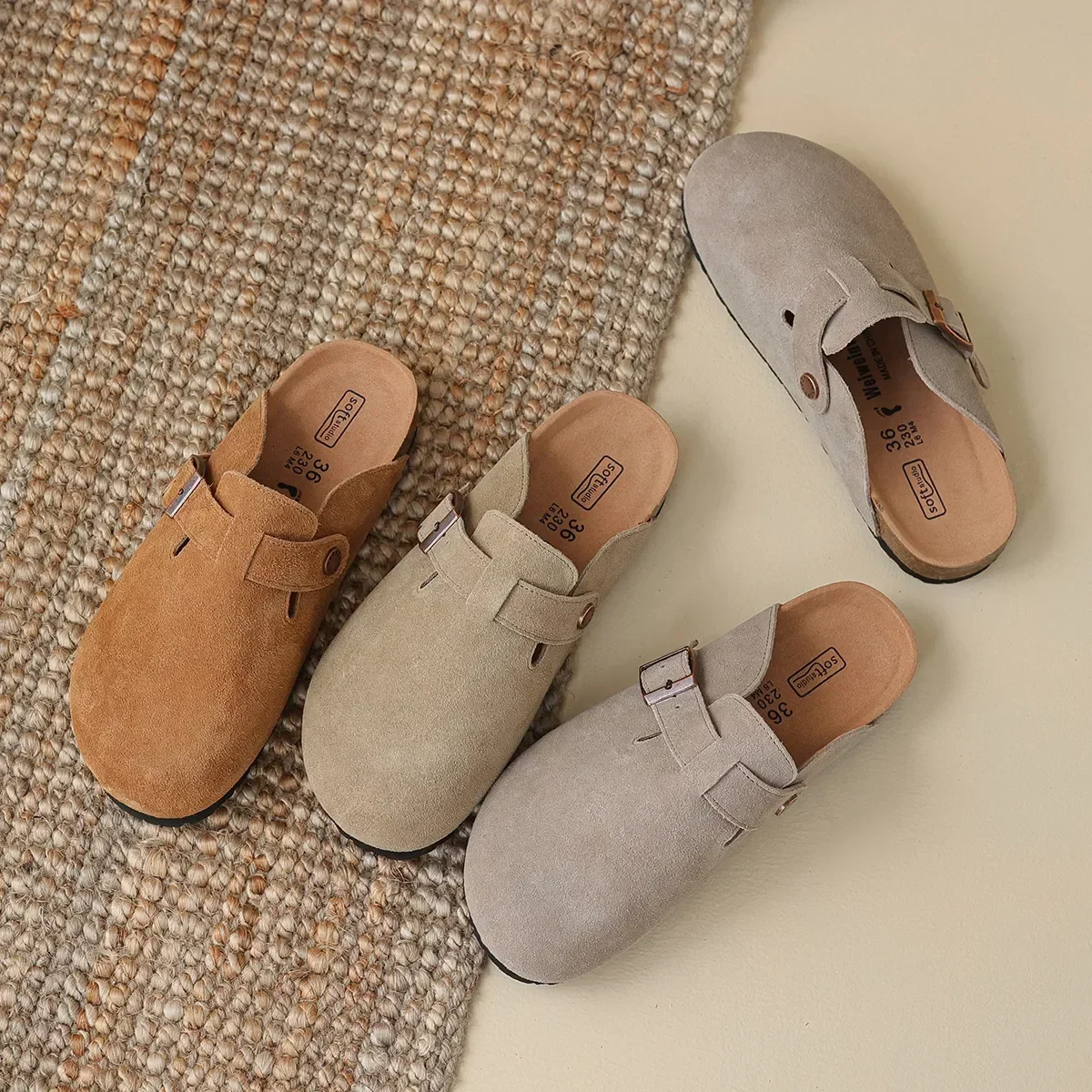 Women's Autumn Genuine Leather Birkenstock Half Slippers Retro Cork ...