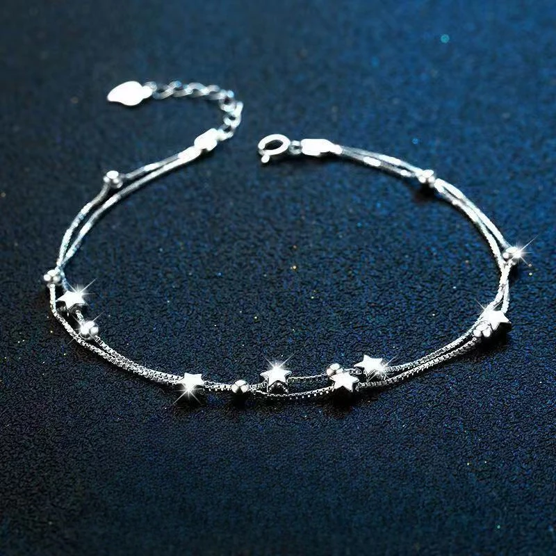 925 Sterling Silver Bead Chain Bracelets For Women Korean Sweet Double ...