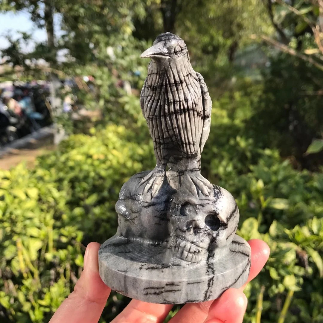 11cm rede natural pedra corvo crânio wicca altar decoração esculpida ...