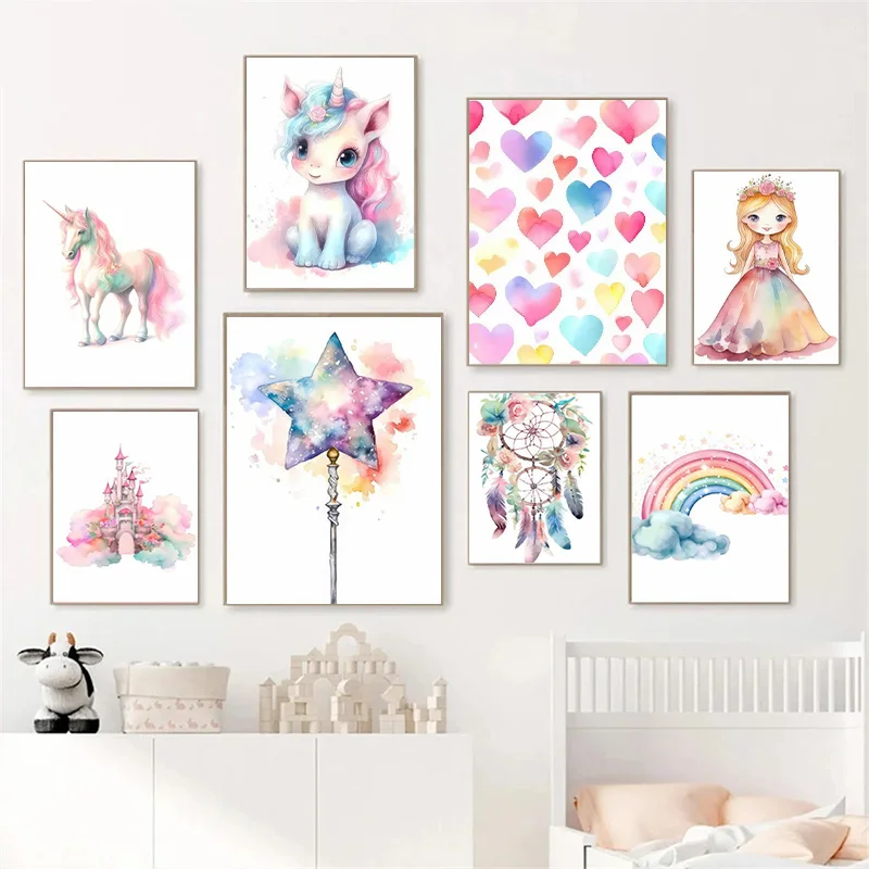 Colorful castle unicorn girl room decoration poster cartoon princess ...