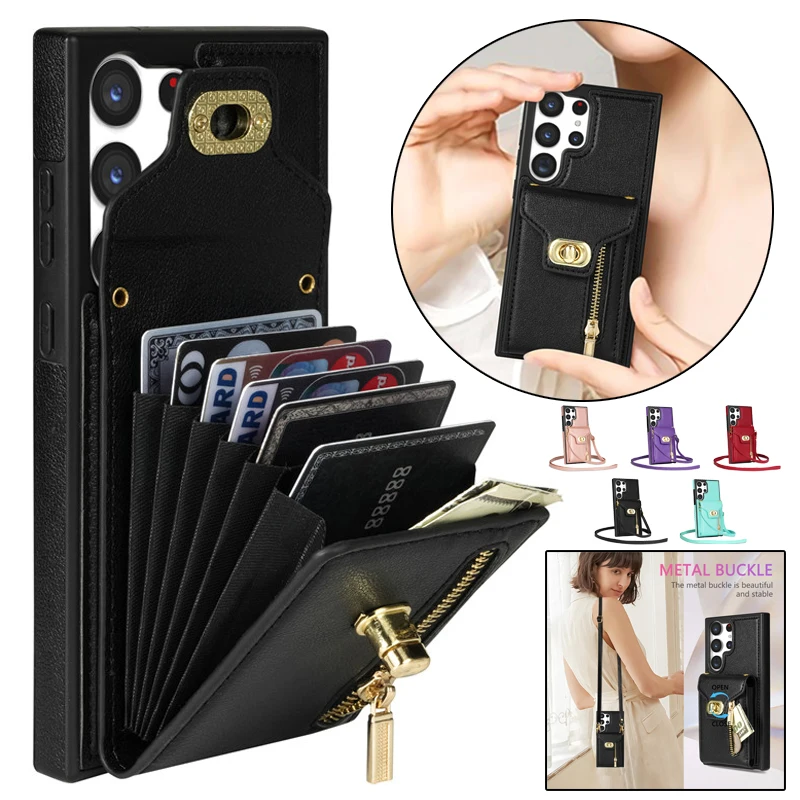 Leather Zipper Wallet Phone Case for Samsung Galaxy S23 Ultra S22 Plus S21 S20 FE A54 A14 A53 ...