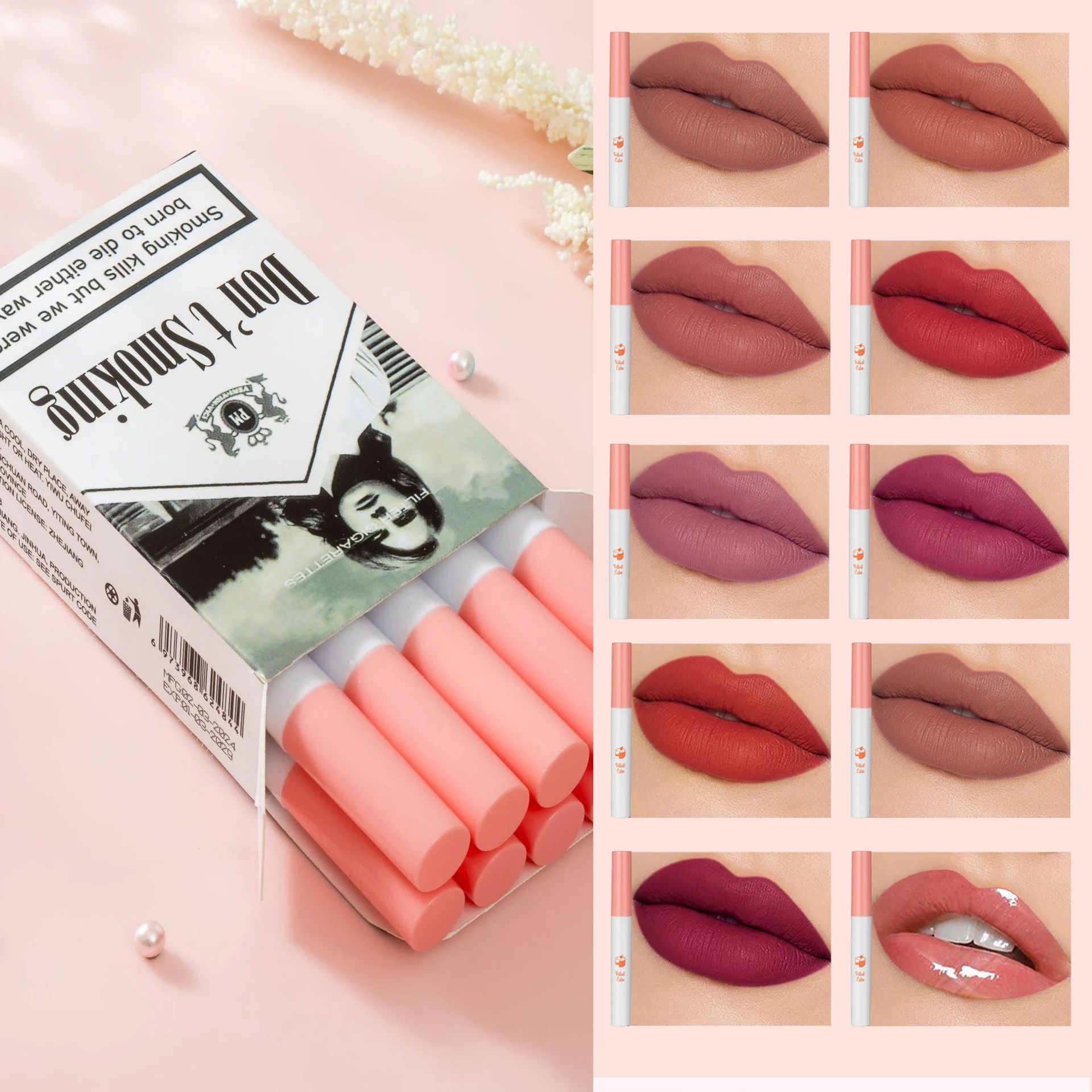 10-Colors-Matte-Lip-Gloss-Kit-Cigarette-Smoke-Tube-Lipstick-24-Hour ...