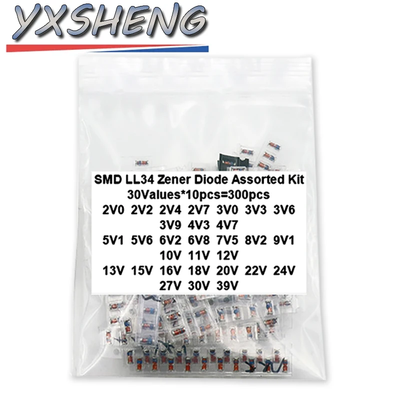 300PCS/Set 1/2W SMD LL34 Zener Diode Assorted KIT 0.5W 2V-39V 30Values ...