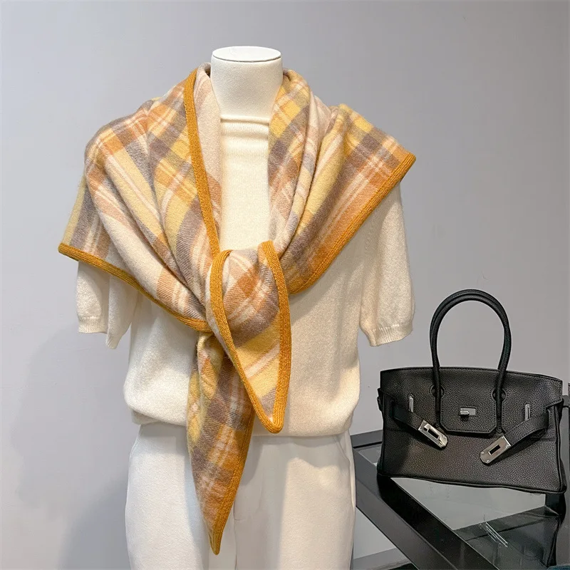 100% Wool Winter Scarves Woman Yellow Plaid Triangle Scarf Versatile ...