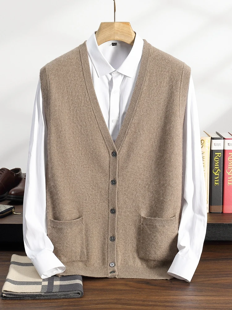 Men's Cashmere Cardigan Vest Autumn Winter V-neck Sweater Basic ...