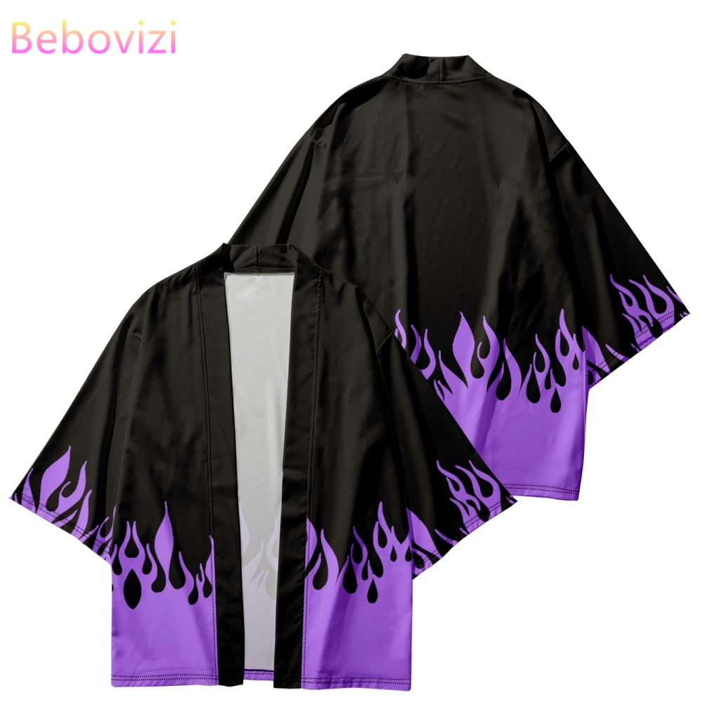 Black Kimono Cosplay Samurai Purple Flames Print Haori Women Men ...