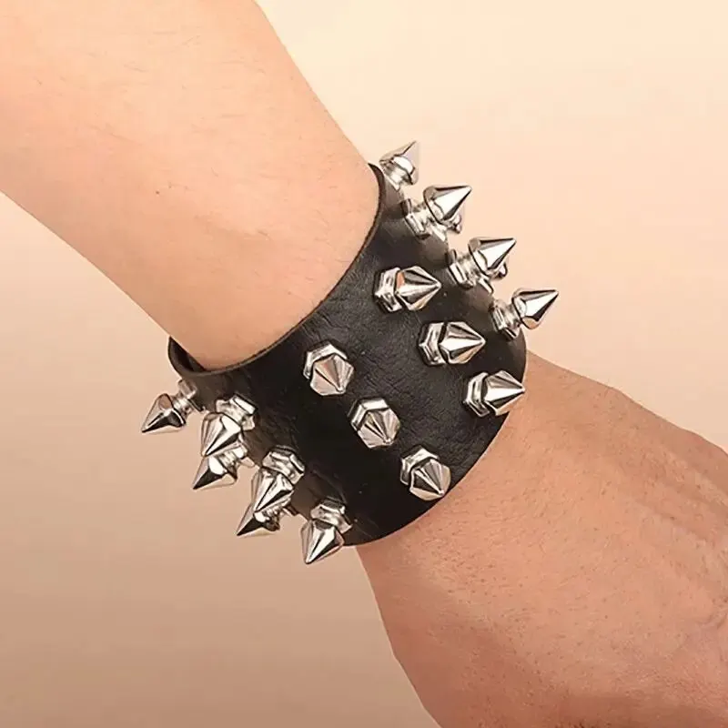 Punk-Gothic-Three-Row-Pointed-Rivet-Bracelets-for-Men-Exaggerated-Black ...