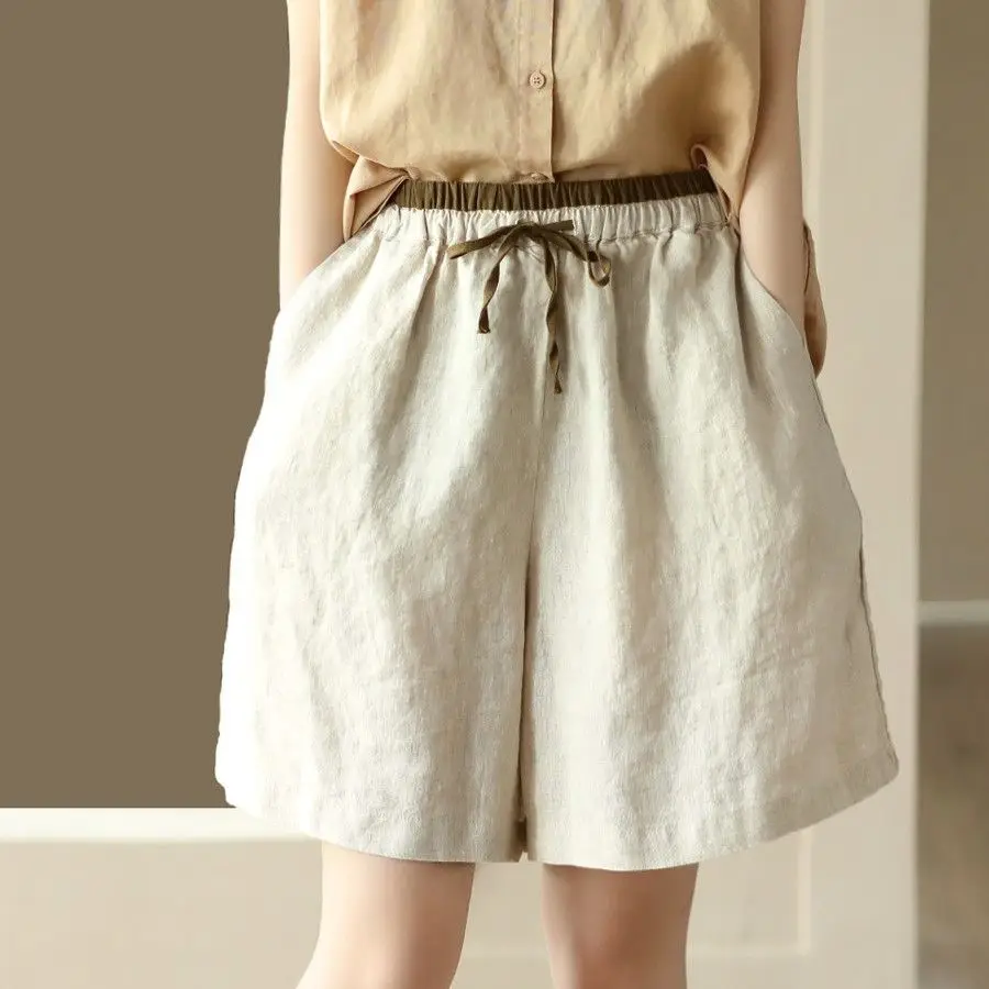 Women-Summer-Simplicity-Loose-Elegant-Solid-Color-Flax-Elastic-Waist ...