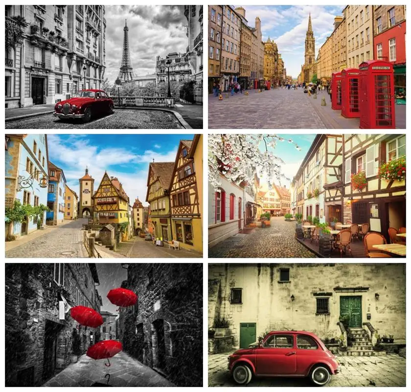 Laeacco City Buildings Tower Red Car Photography Backgrounds Digital ...