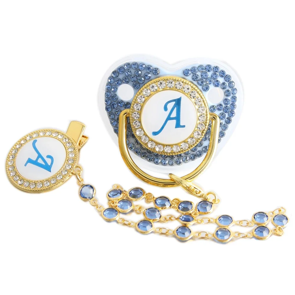 26-Letters-Pacifier-Blue-Baby-Pacifier-with-Bead-Chain-Gem-Clip-Teether ...