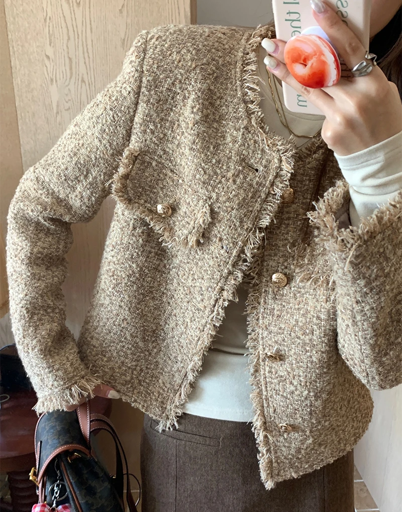 French-High-Quality-Luxury-Khaki-Tweed-Jacket-Women-Loose-Casual-Long ...