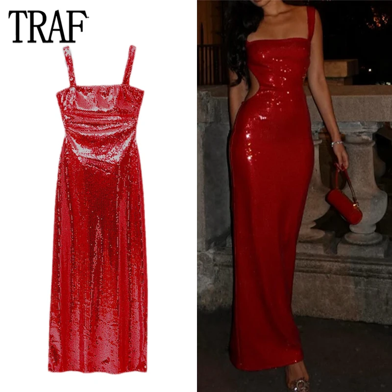 TRAF-Vestido-largo-de-lentejuelas-para-mujer-traje-rojo-con-tirantes-y ...