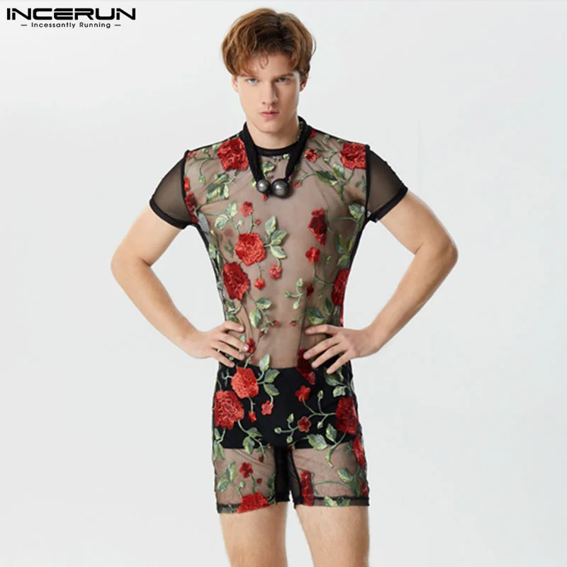 2024-Men-s-Bodysuits-Mesh-Transparent-Flower-Embroidery-O-neck-Short ...