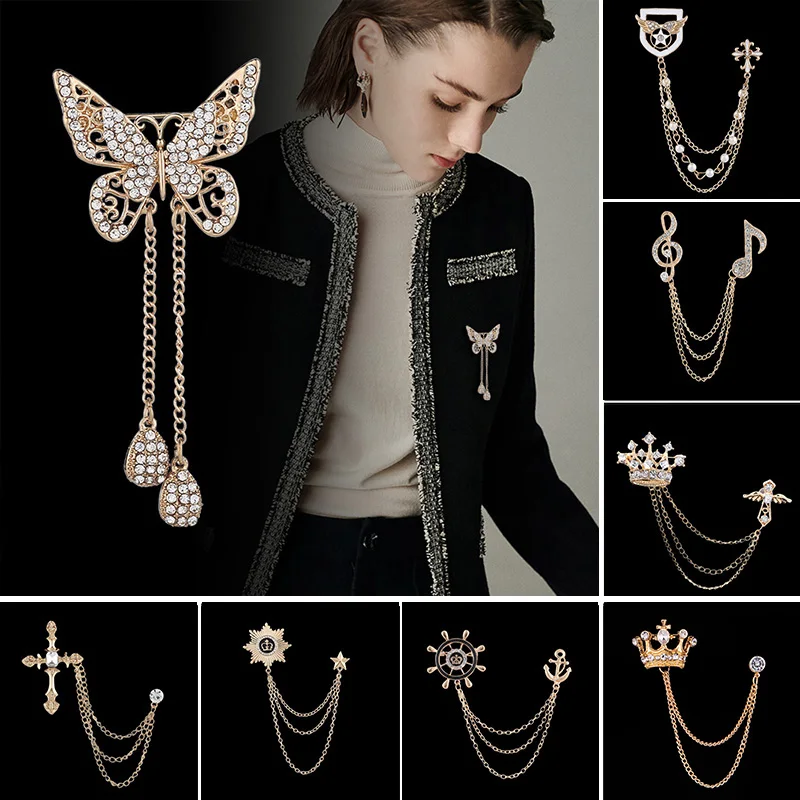 Korean-British-Style-Crown-Bird-Brooch-Cross-Suit-Tassel-Chain-Lapel ...