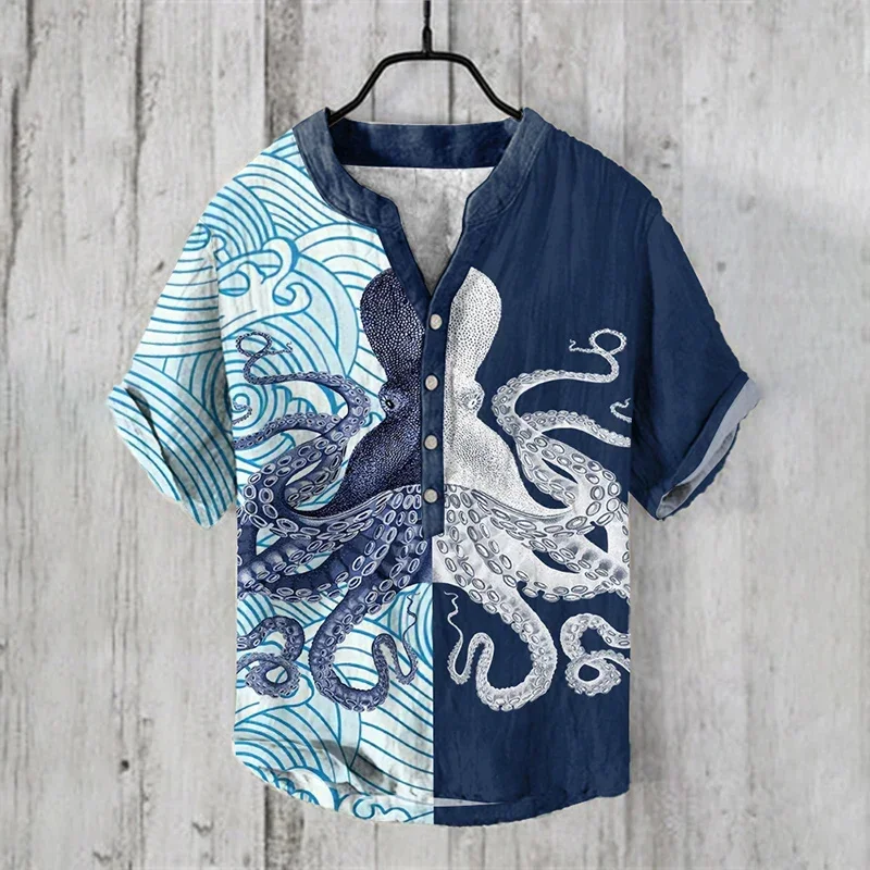 Camisa-de-lino-para-hombre-camisa-de-manga-corta-con-estampado-Retro ...