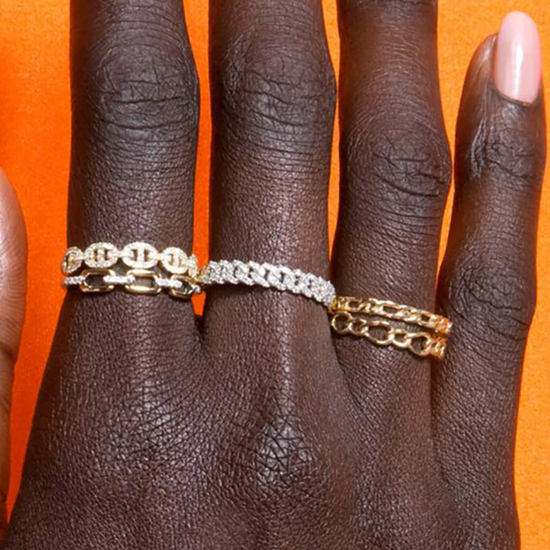 Cuban Link Zircon Ring | Gold Rings Women Chain | Cuban Link Chain Iced ...