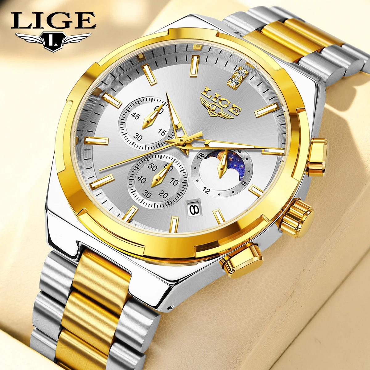 LIGE New 24 Hour Moon Phase Watch For Women Waterproof Stainless Steel ...