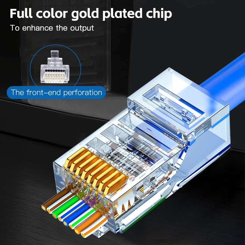 50pcs-RJ45-Cat6-Connector-Gold-Plated-Pass-Through-Ethernet-Cables ...