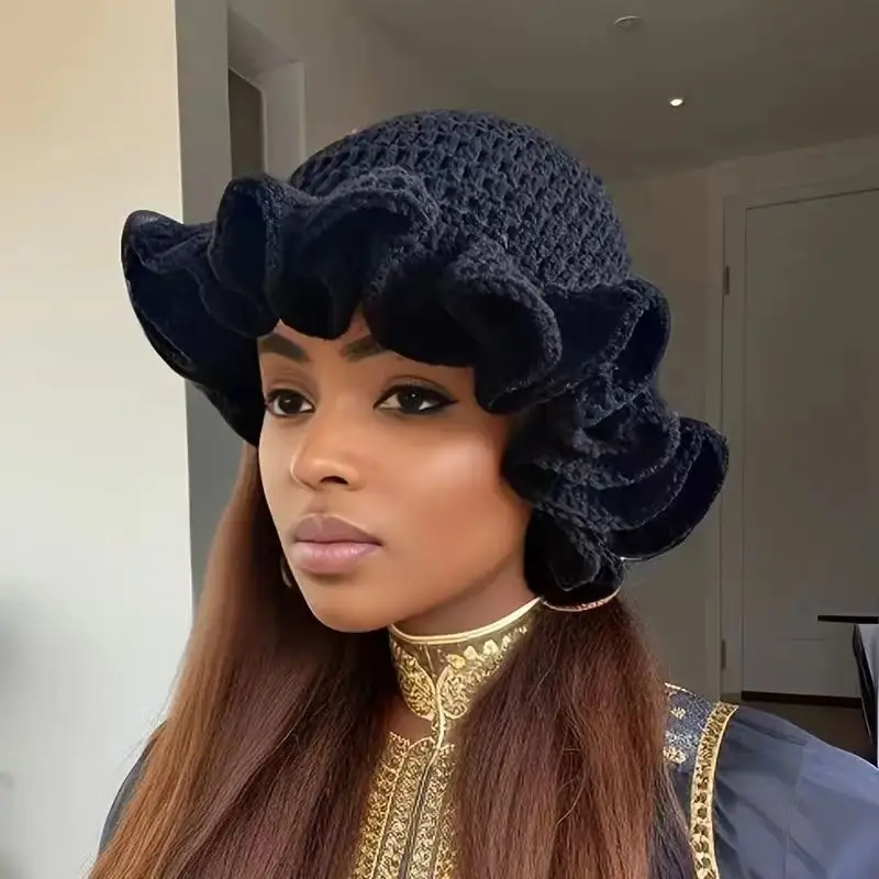 Ladies-2024-solid-color-ruffle-edge-crocheted-wool-hat-frilly-basin-hat ...