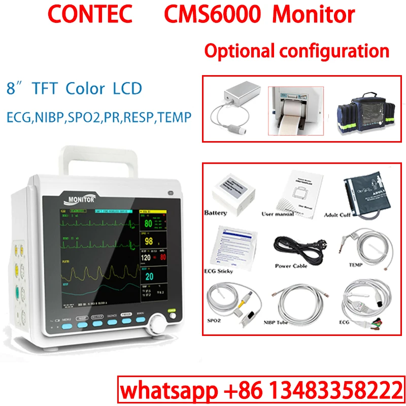 CONTEC Monitor de paciente CMS6000, dispositivo portátil humano/veterinario, 6 parámetros, 8 ...