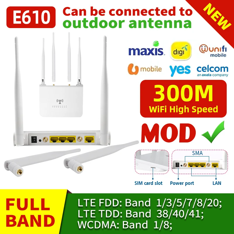 E610 300Mbps 네트워킹 Lte 홈 SMA 외부 안테나 CPE RJ45 포트, 무선 모뎀 3G 4G Wifi 라우터 ...