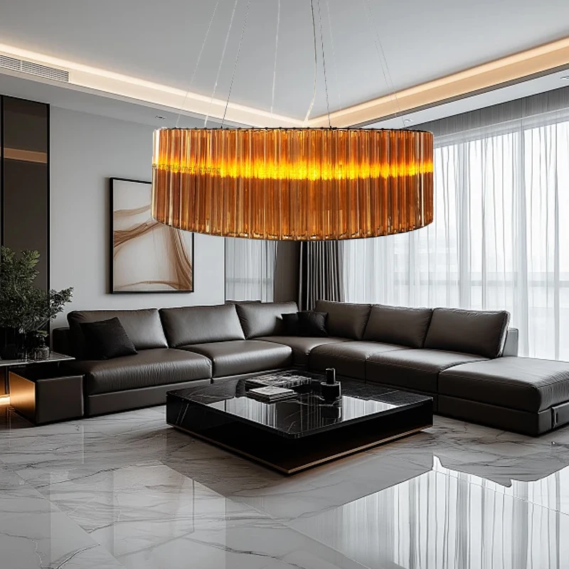 Italian Design Luxury Amber Glass Ceiling Chandeliers above Dining ...