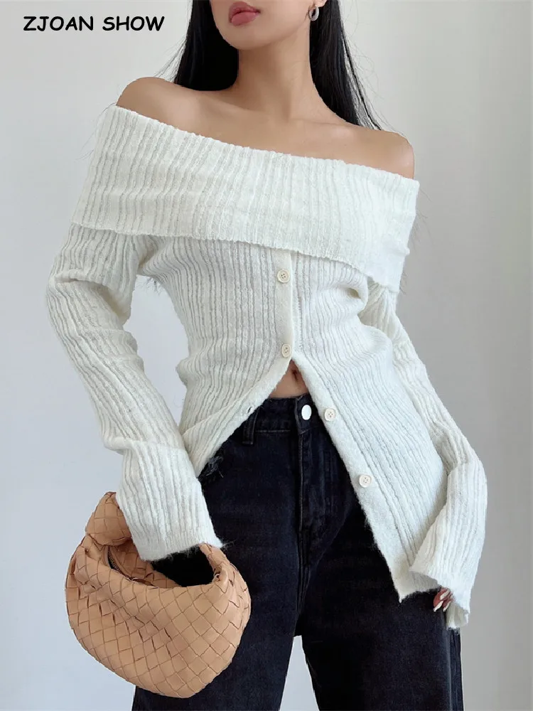 Sexy-Women-Off-Shoulder-Knit-Slash-Collar-Sweater-Open-Buttons-Front ...