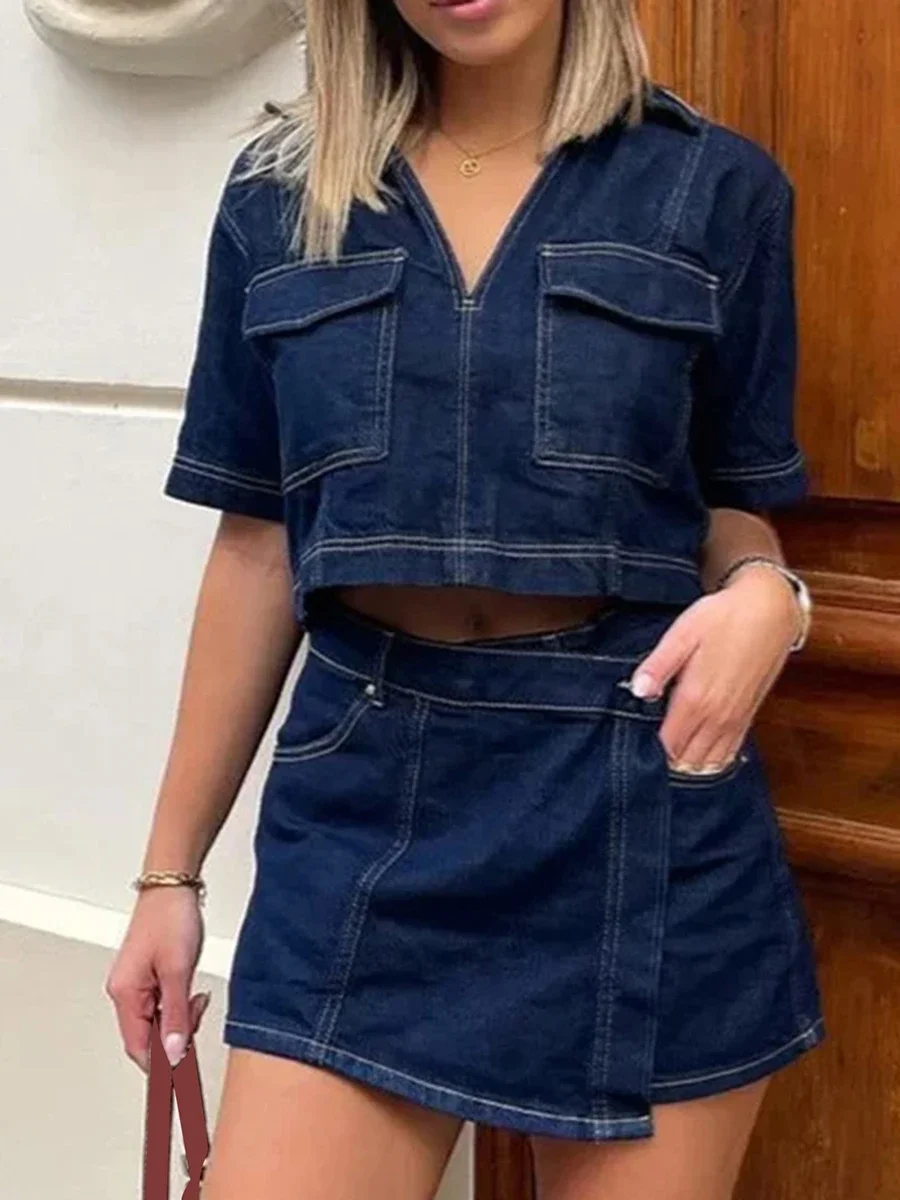 Women’s 2 Piece Denim Outfits Summer Short Sleeve Lapel Jean Pullover ...
