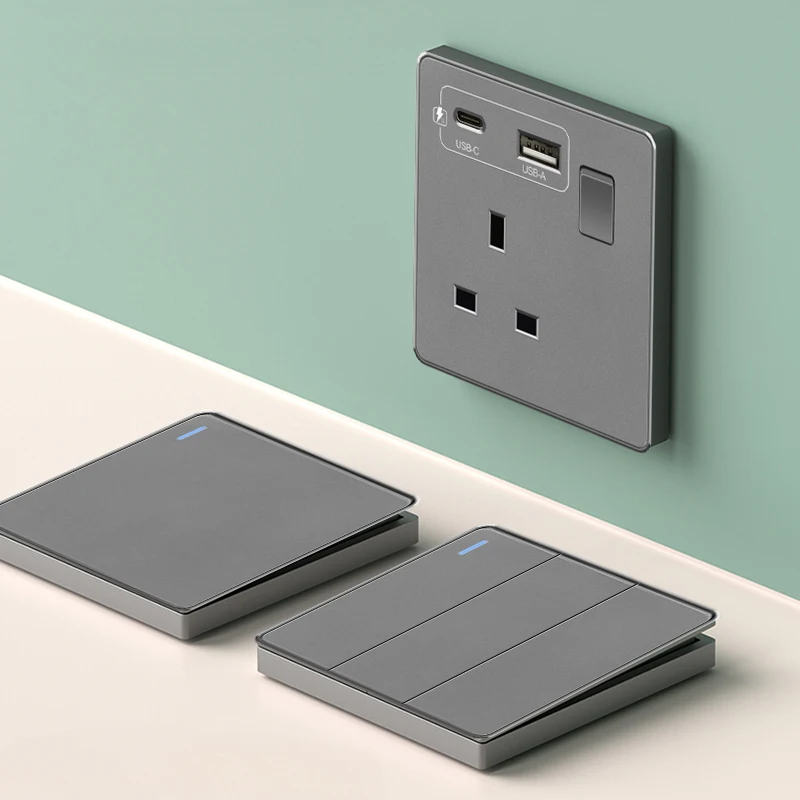 Grey Wall Switch with USB UK 13A Power Socket, Universal Wall Button ...