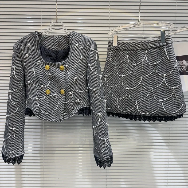 PREPOMP-2023-Winter-Square-Collar-Double-Breasted-Buttons-Pearls-Lace ...