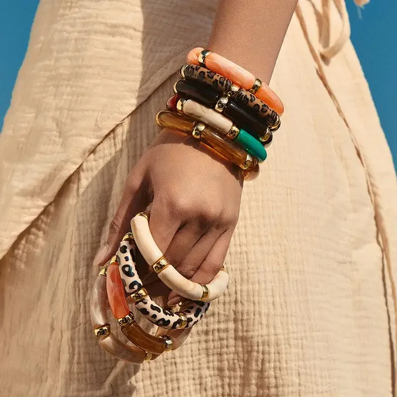 1PC Mixed Color Bamboo Tube Acrylic Elastic Bracelets For Women Men ...