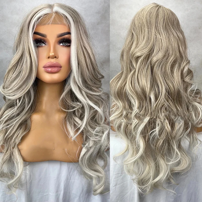 Iced Blonde Wavy Layered Wig Money Piece Ash Blonde Wig White ...