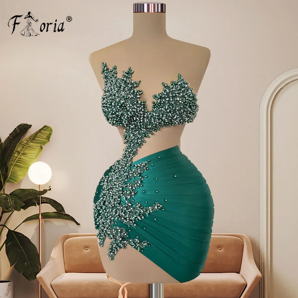 Dark-Green-Beaded-Satin-Cocktail-Dress-Sexy-See-Through-Sheer-Short ...