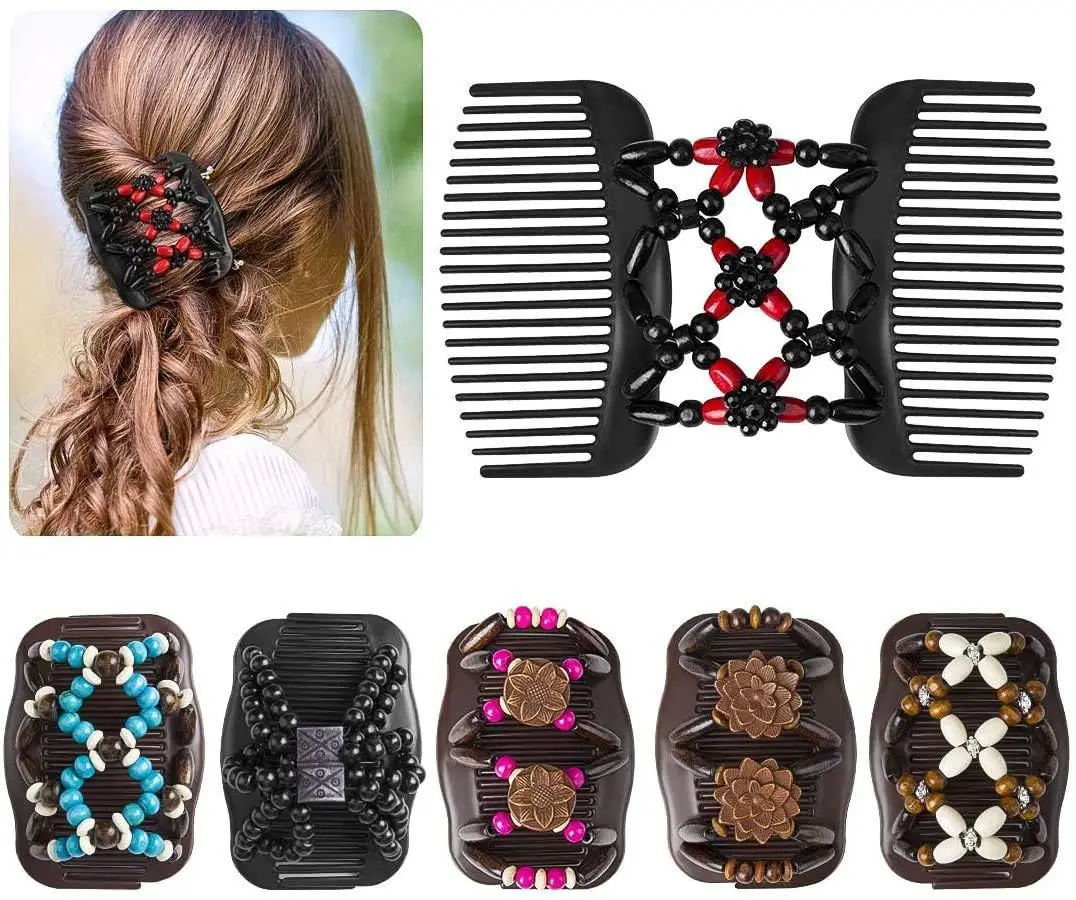 6Pcs Women Hair Combs Accessories Magic Stretch Wooden Beads Double ...