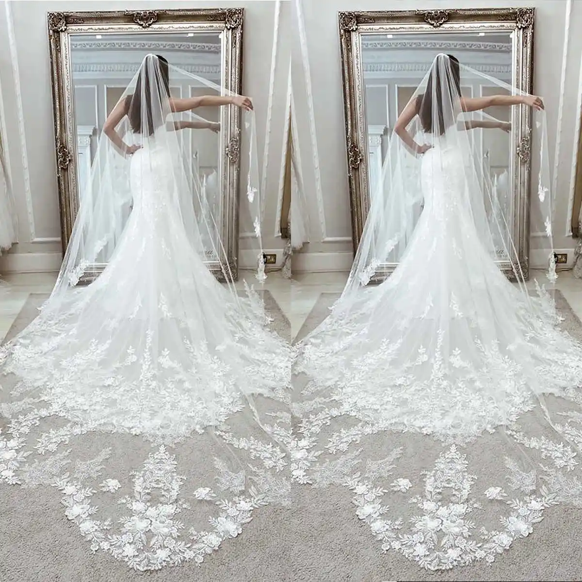 Elegant-Long-Lace-Appliques-Wedding-Veil-White-Ivory-Cathedral-1-Layer ...