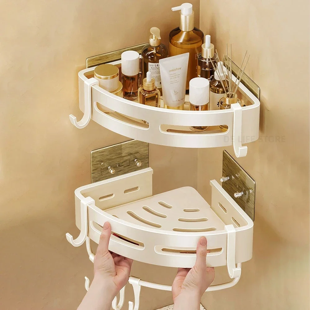 White-Shower-Corner-Shelf-With-Hook-Towel-Holder-Wall-Mounted-Bathroom ...