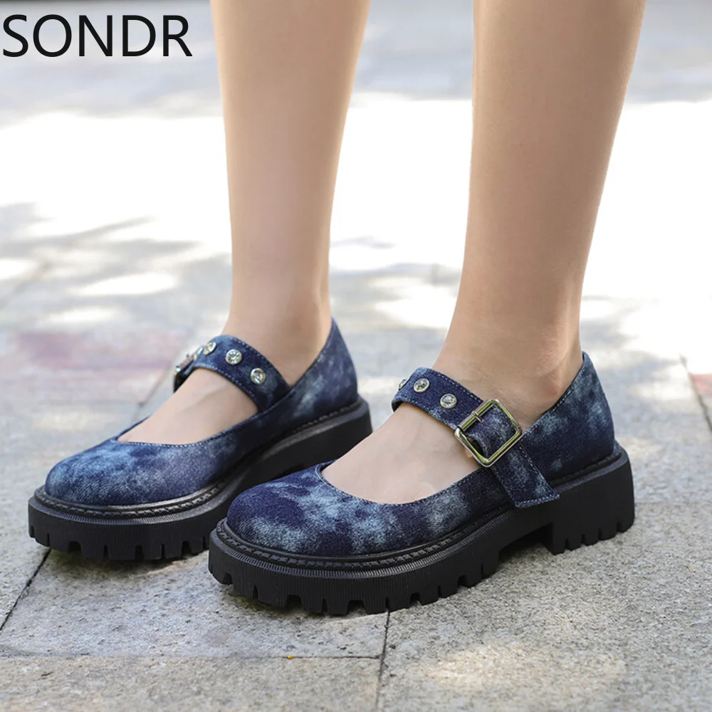 Oxfords-Brogues-Womens-Denim-Jeans-Chunky-Heel-Platform-Preppy-Shoes ...