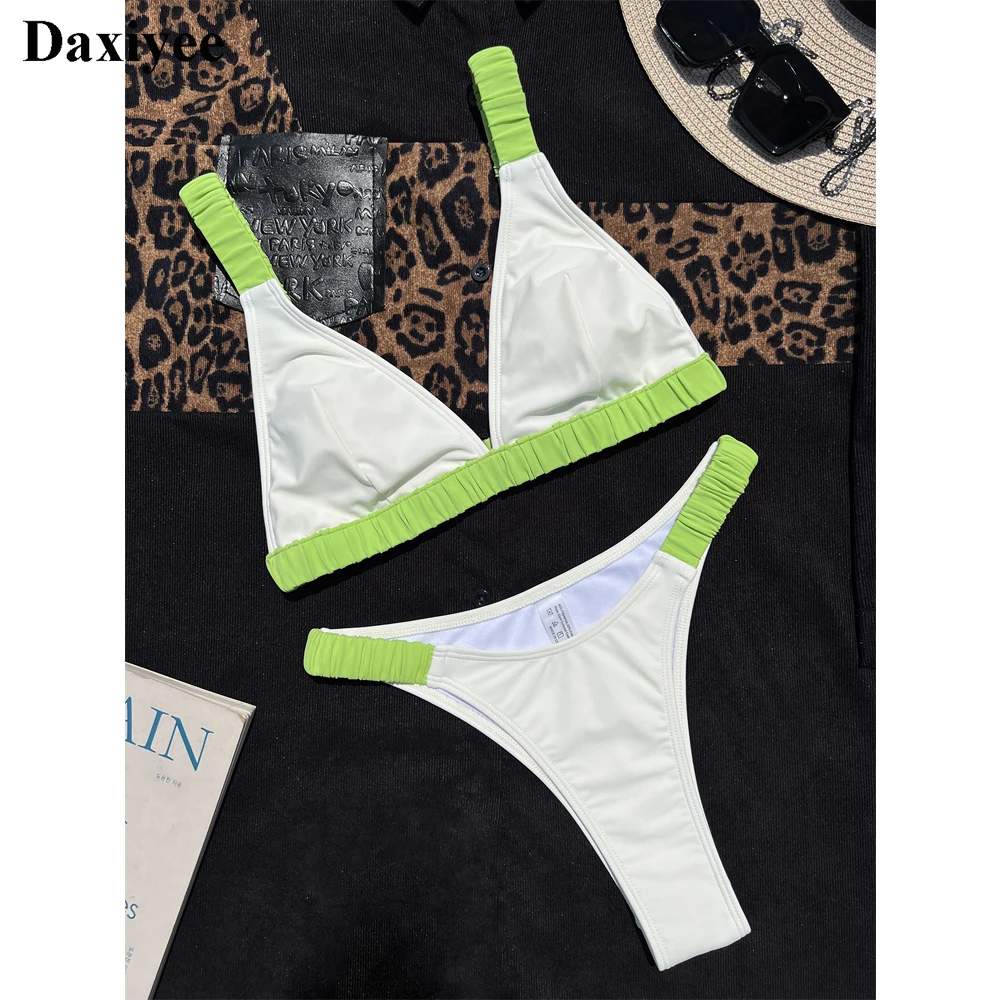 Contrast Color Two Pieces Bikini Set Sexy Deep V Neck Female Swimsuit ...