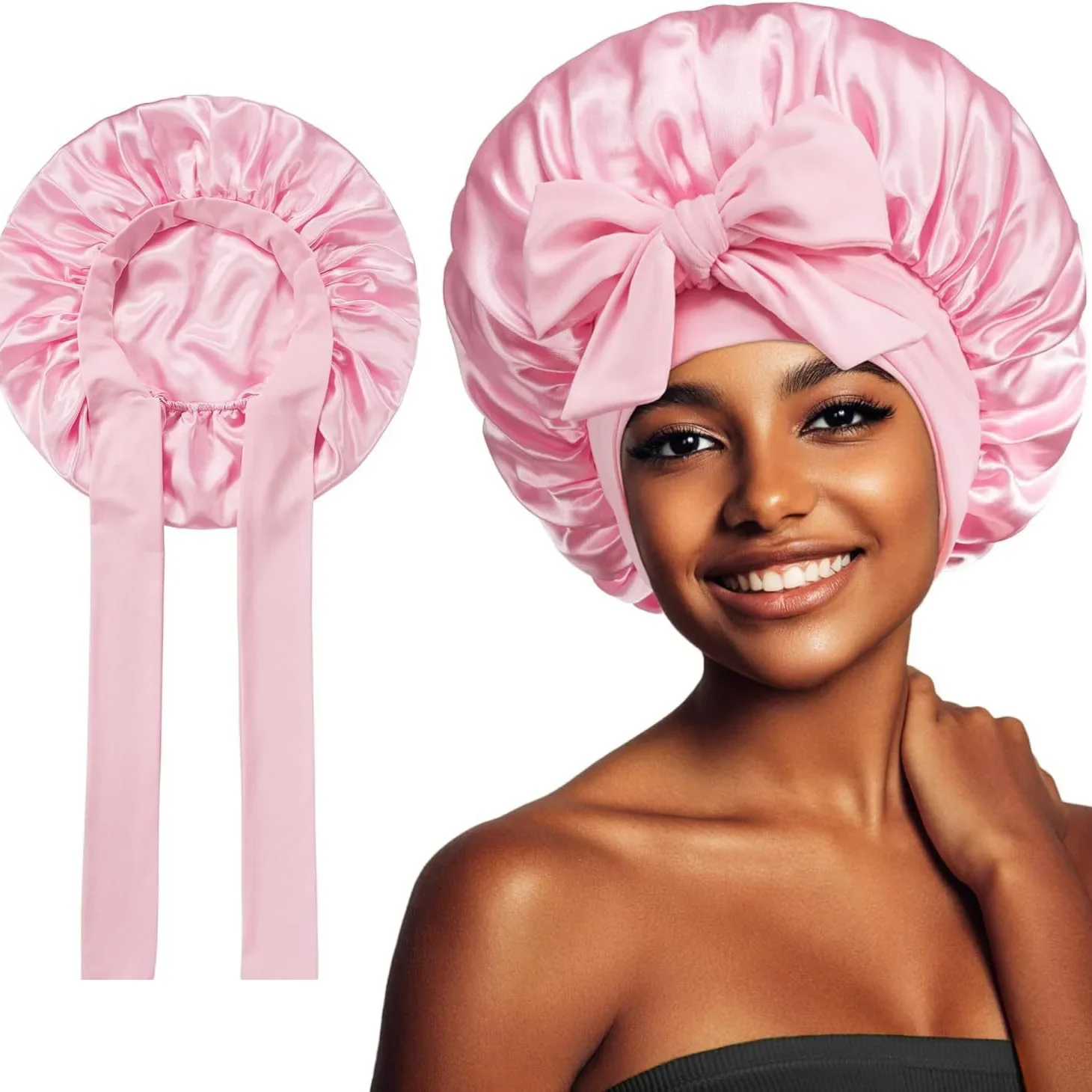 Women Satin Bonnet Solid Sleeping Hat Stretchy Tie Band Elastic Night ...