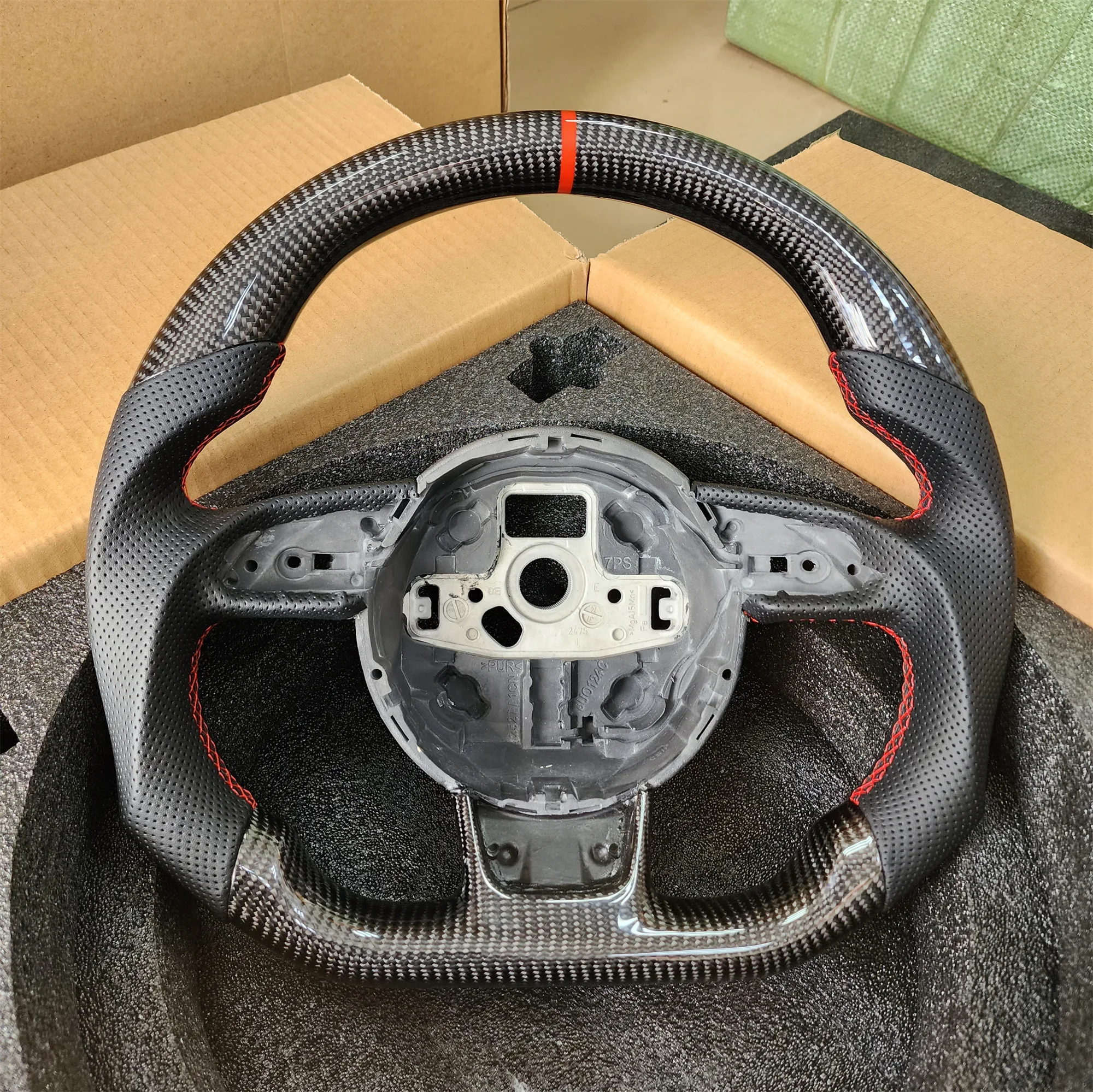 Carbon Fiber Perforated Leather Steering Wheel Red Stitching For Audi ...