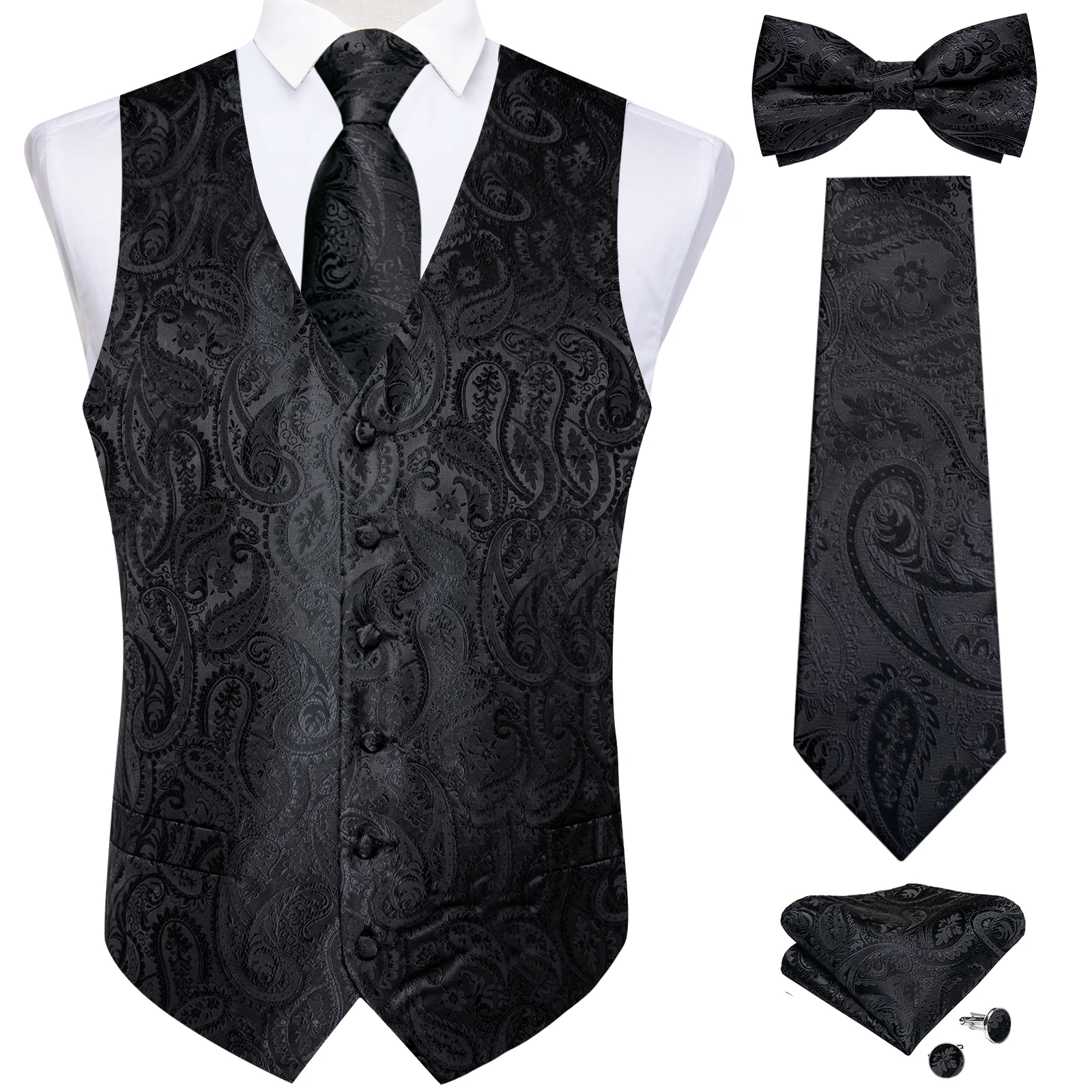 Men Black Paisley Vest Necktie Bowtie Pocket Square Cufflinks Dress Set ...