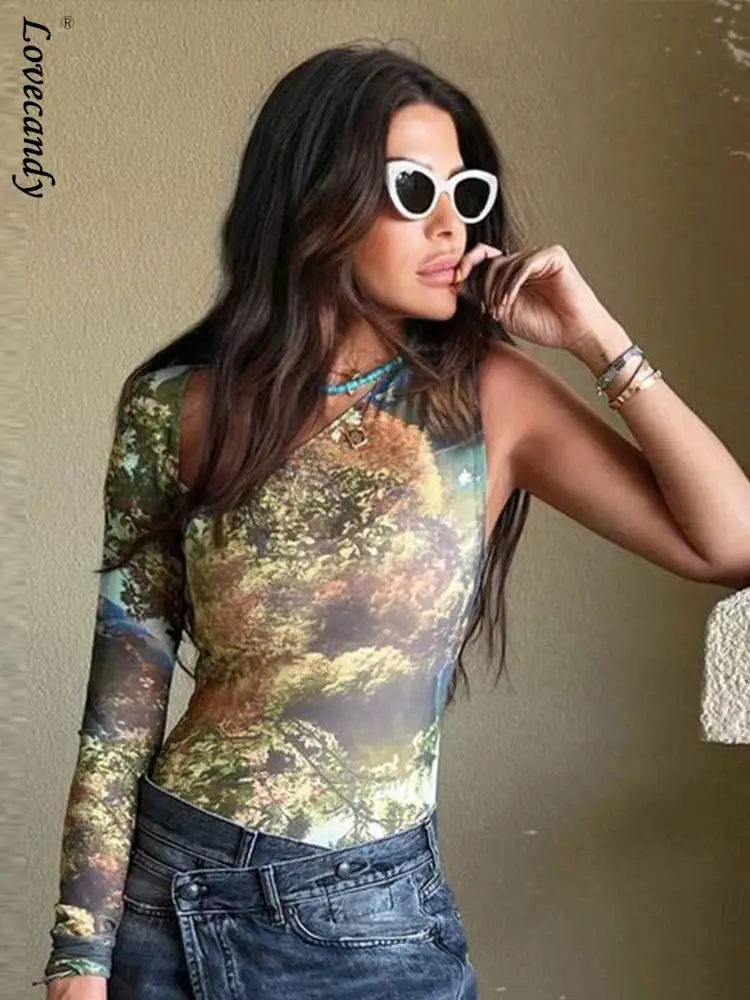 Summer Women Tulle Printed Bodysuit Tops 2023 Summer Female Sexy ...
