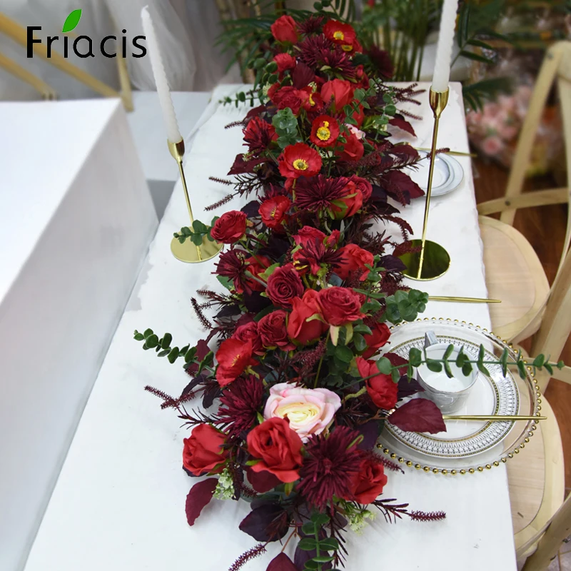 Burgundy-Red-5D-Rose-Rose-Poppy-Green-Plants-Leaf-Flower-Row-Runner ...