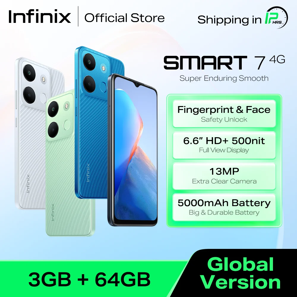 infinix Smart 7 4G Smartphone 3/64GB 6.6 HD+ Display 13MP AI Dual ...