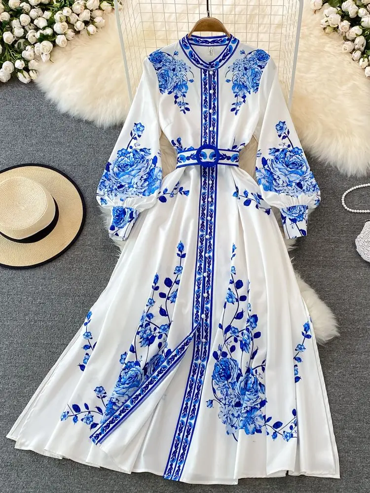 Fashion-Blue-And-White-Porcelain-Flower-Print-Dress-Women-Clothing-Long ...