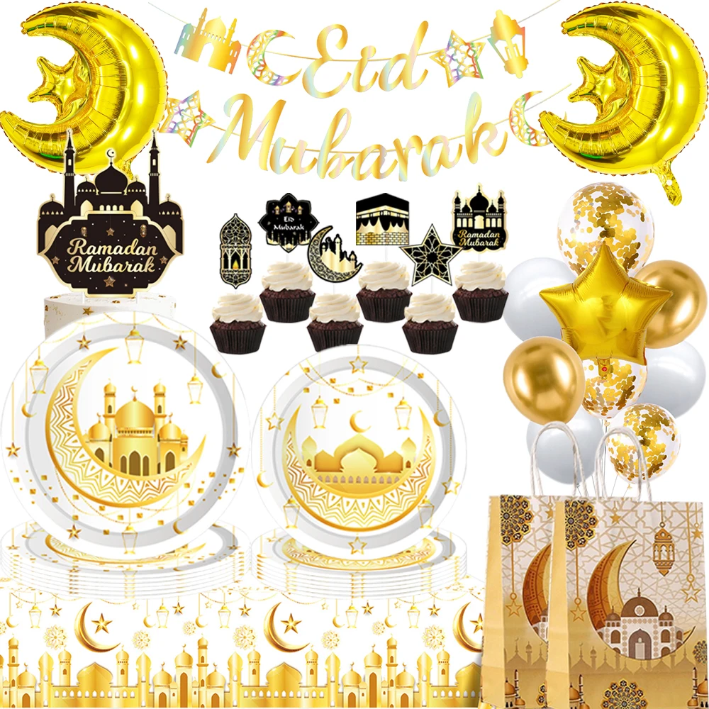 Ramadan Decorations Disposable Ramadan White Gold Tableware Paper ...
