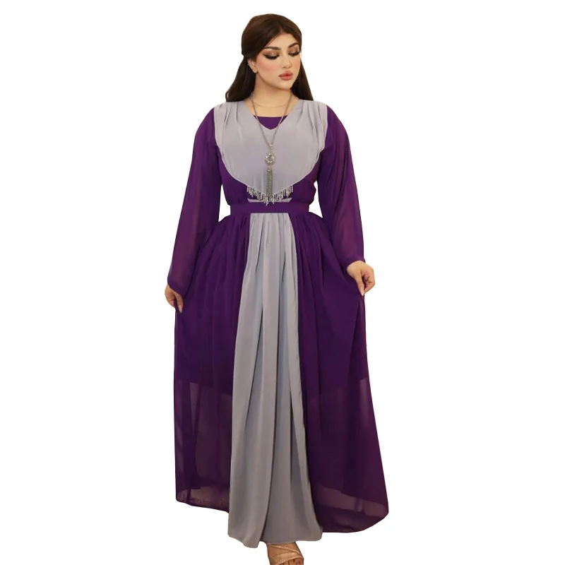 Ab253 Muslim Large Swing Dress Fashion Purple Chiffon Hand Stitched ...