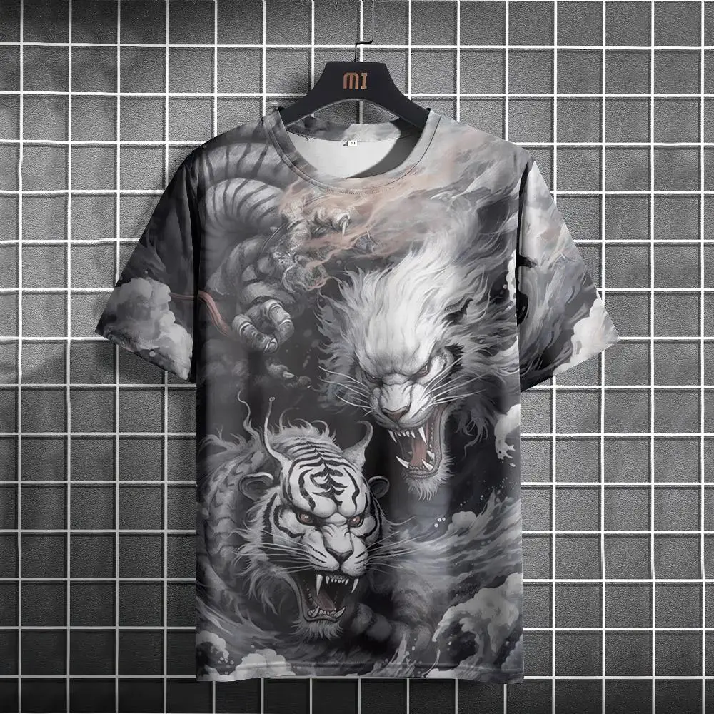 Animal-T-Shirt-For-Men-Street-Oversized-Clothing-Dragon-Tiger-Pattern ...