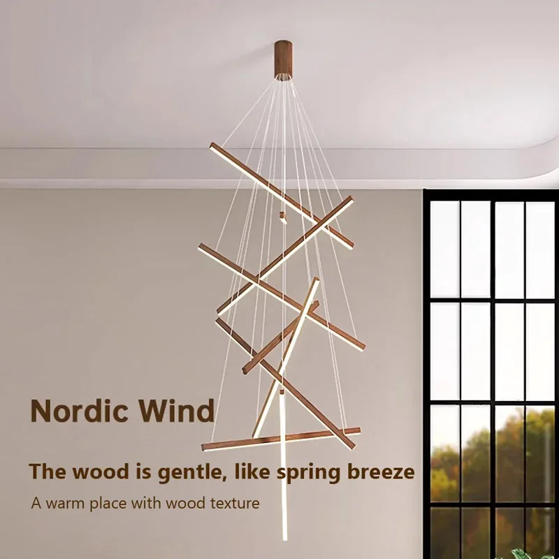 Modern Wood Grain Pendant lamp LED Line Light Chandelier duplex ...