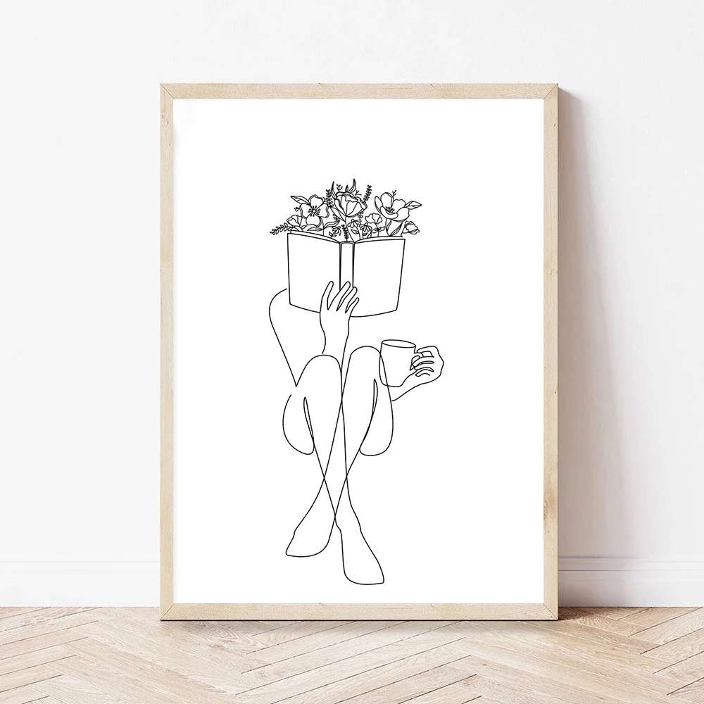 Floral-Art-Print-Abstract-Woman-Hands-Book-Line-Drawing-Canvas-Painting ...